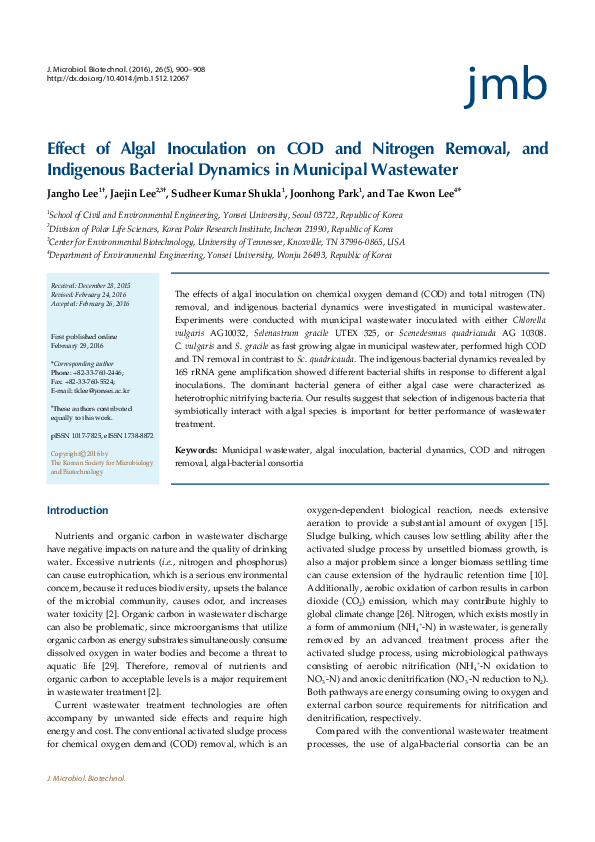 (PDF) Effect of Algal Inoculation on COD, Nitrogen removals, and ...