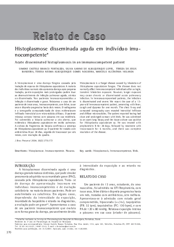 (PDF) Histoplasmose disseminada aguda em indivíduo imunocompetente