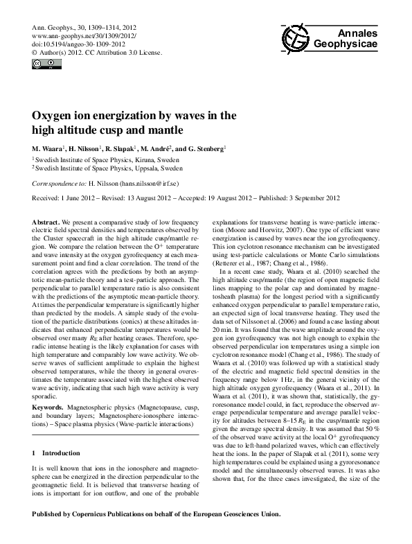 (PDF) Oxygen ion energization by waves in the high altitude cusp and mantle