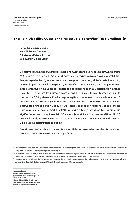 (PDF) The Pain Disability Questionnaire: estudio de confiabilidad y ...