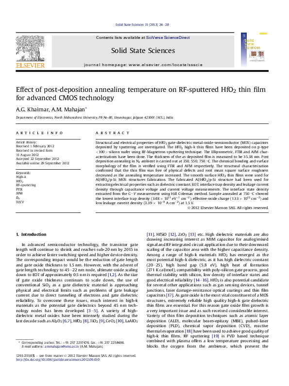 (PDF) Effect of post-deposition annealing temperature on RF-sputtered ...