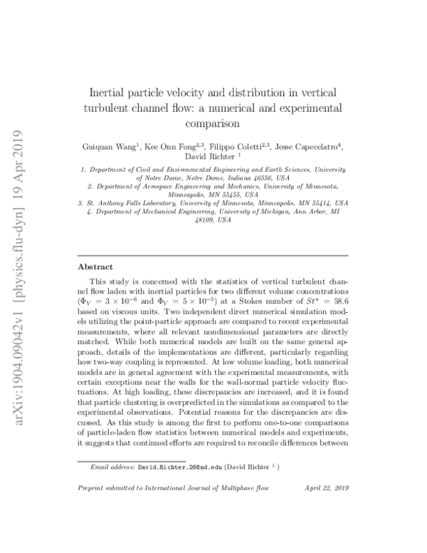 (PDF) Inertial particle velocity and distribution in vertical turbulent channel flow: a ...