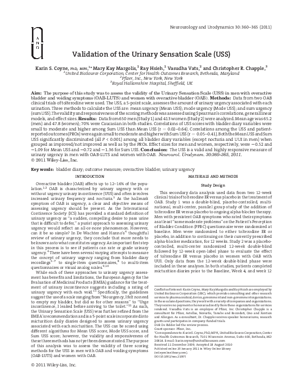 (PDF) Validation of the urinary sensation scale (USS) | Vasudha Vats ...