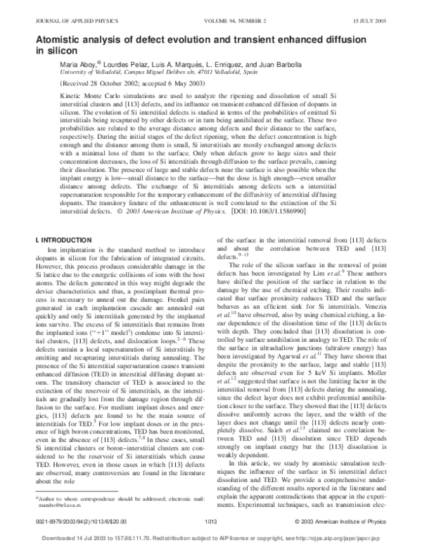 Pdf Atomistic Analysis Of Defect Evolution And Transient Enhanced