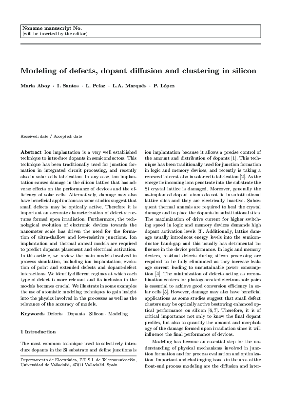 Pdf Modeling Of Defects Dopant Diffusion And Clustering In Silicon