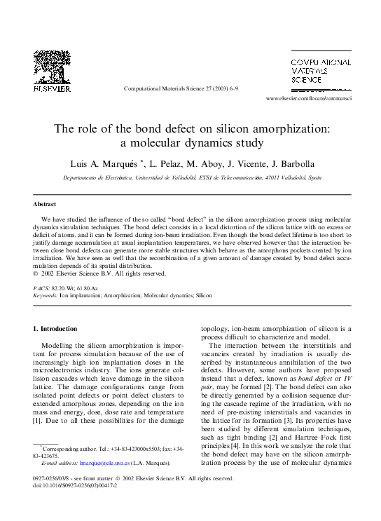 (PDF) The role of the bond defect on silicon amorphization: a molecular dynamics study