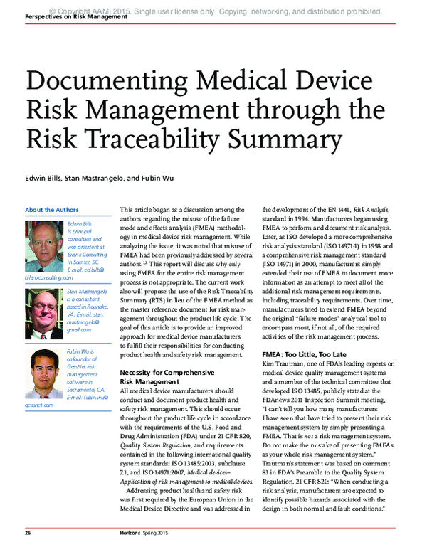 (PDF) Documenting Medical Device Risk Management through the Risk ...