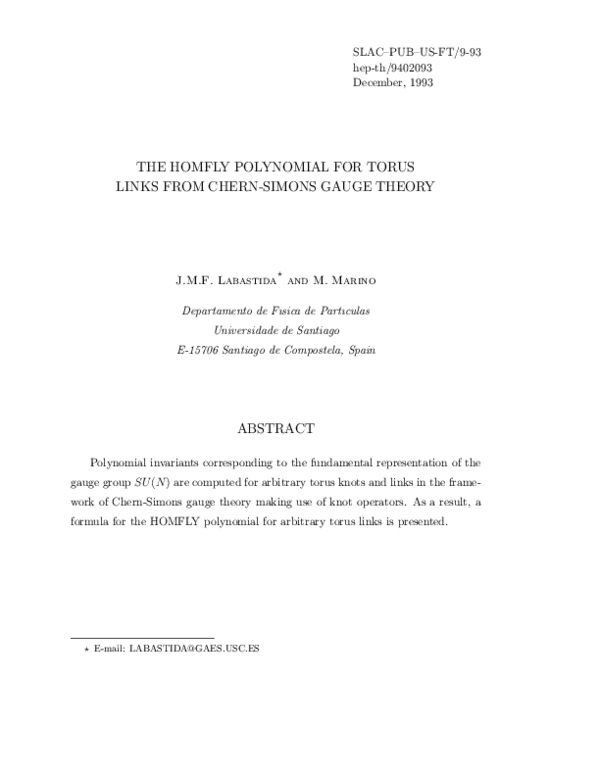 (PDF) The Homfly Polynomial for Torus Links from Chern–Simons Gauge Theory