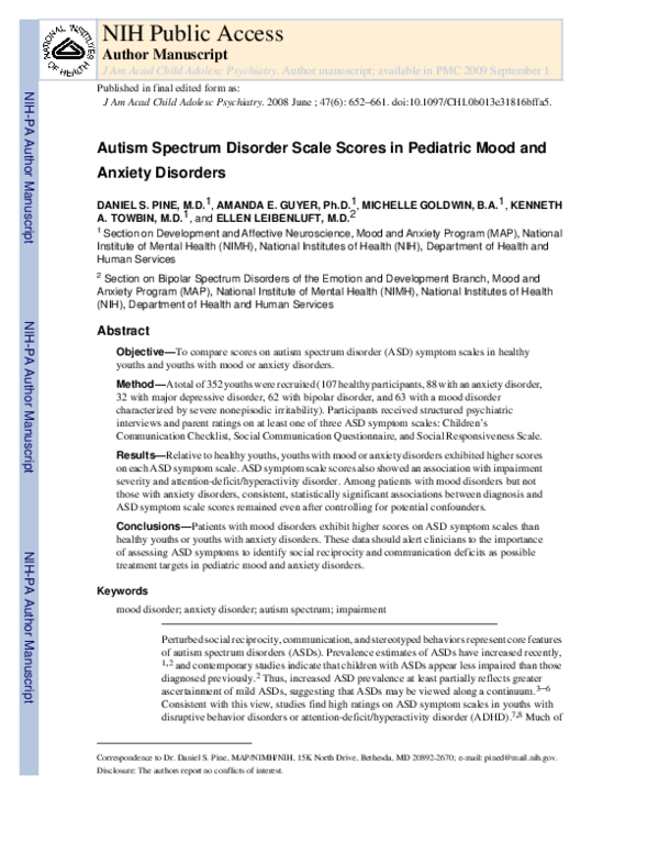 (PDF) Autism Spectrum Disorder Scale Scores in Pediatric Mood and ...