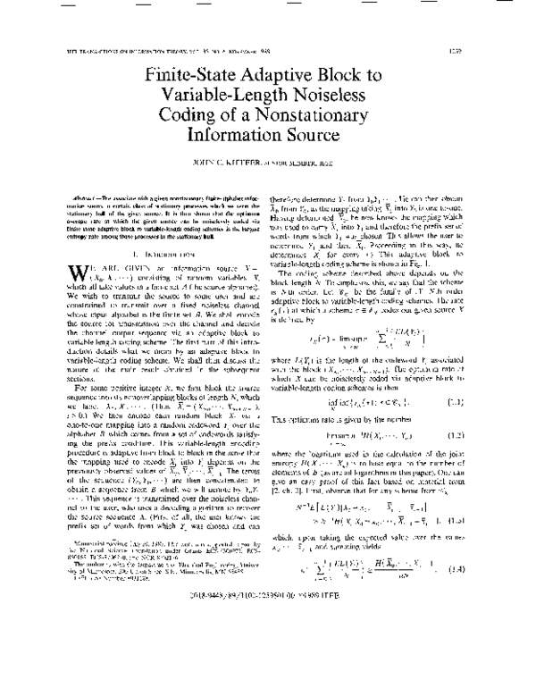 (PDF) Finite-state adaptive block to variable-length noiseless coding of a nonstationary ...