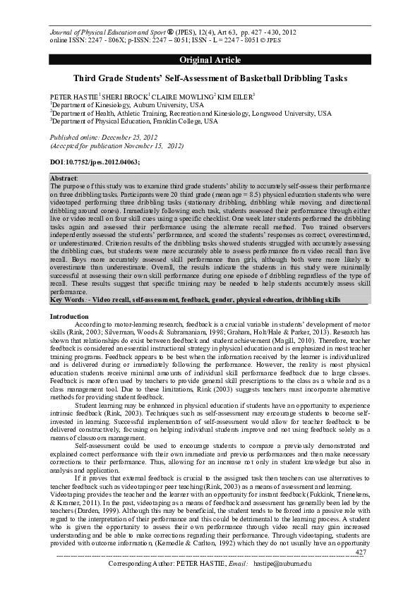 (PDF) Third-Grade Students Self-Assessment of Basketball Dribbling Tasks