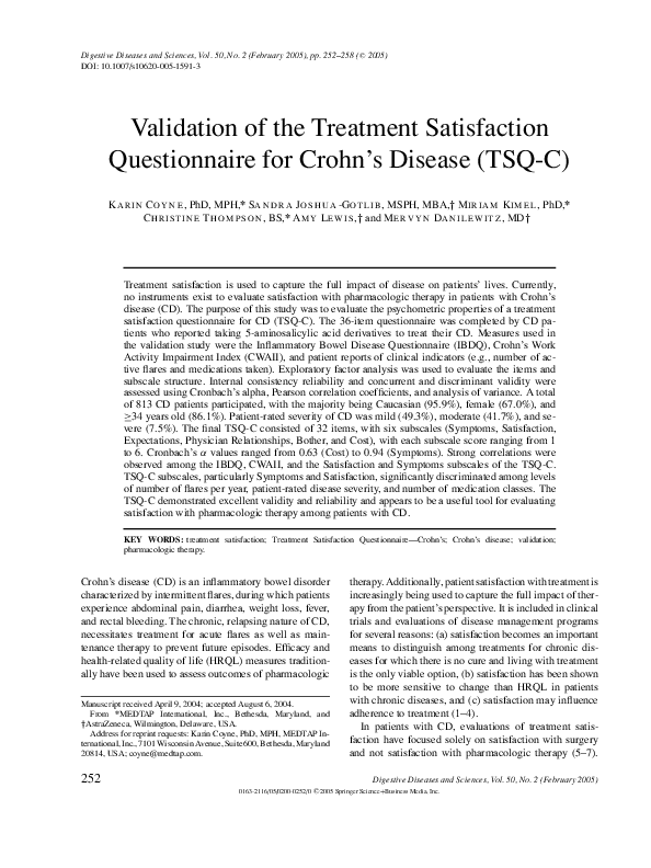 (PDF) Validation of the Treatment Satisfaction Questionnaire for Crohn ...