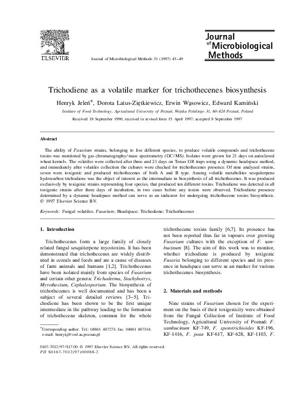 (PDF) Trichodiene as a volatile marker for trichothecenes biosynthesis