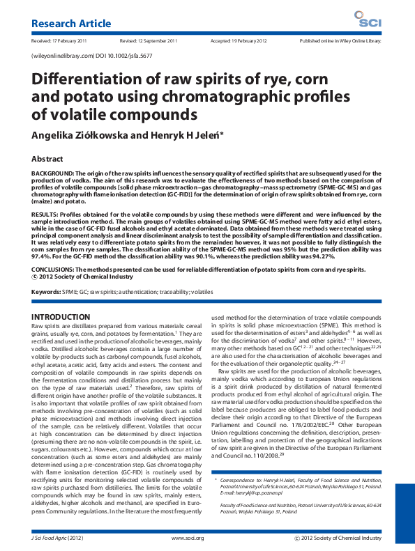 (PDF) Differentiation of raw spirits of rye, corn and potato using ...