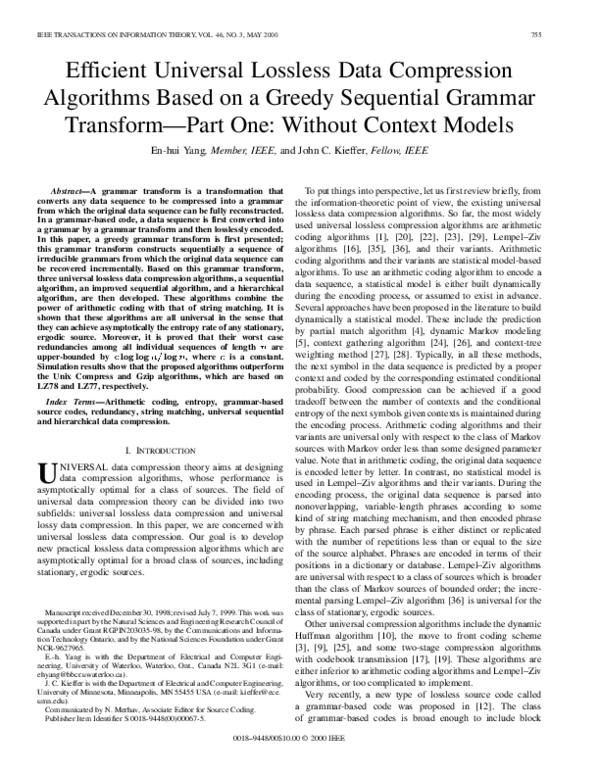 (PDF) Efficient universal lossless data compression algorithms based on a greedy sequential ...