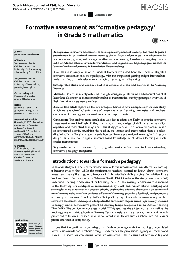 (PDF) Formative assessment as ‘formative pedagogy’ in Grade 3 mathematics