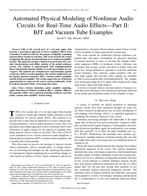 (PDF) Automated Physical Modeling of Nonlinear Audio Circuits for Real-Time Audio Effects—Part ...