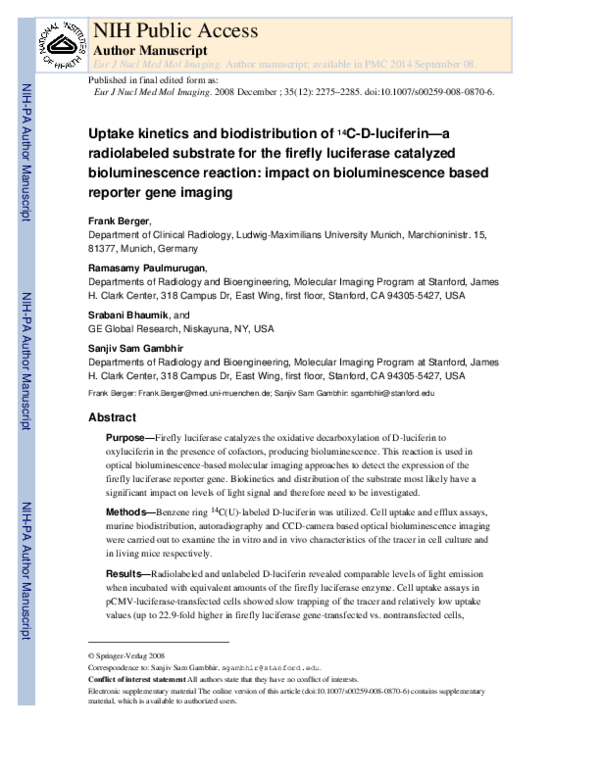 (PDF) Uptake kinetics and biodistribution of 14 C-D-luciferin—a ...