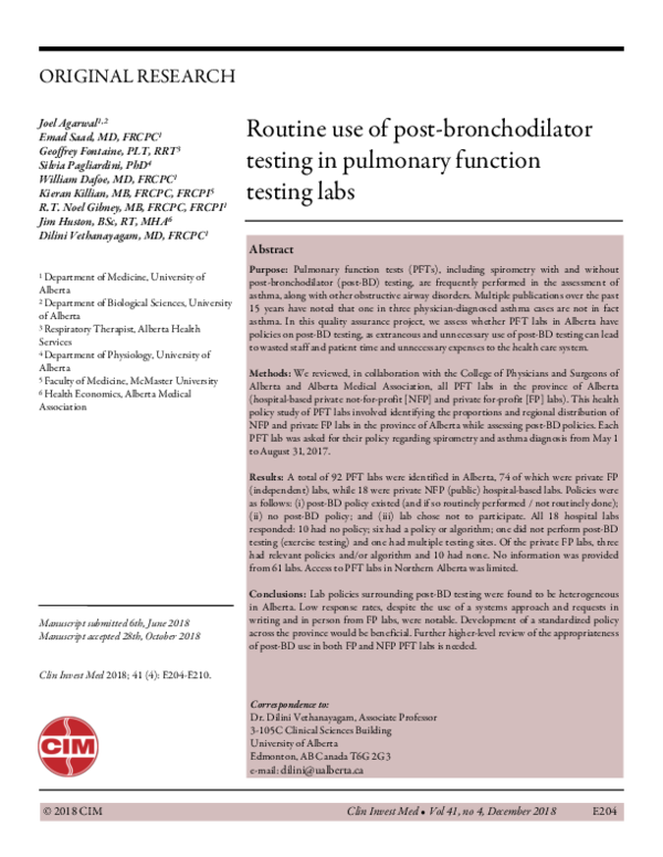 (PDF) Routine use of post-bronchodilator testing in pulmonary function ...