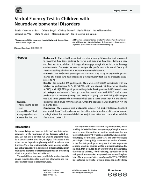 (PDF) Verbal Fluency Test in Children with Neurodevelopmental Disorders