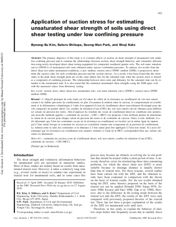 (PDF) Application of Suction Stress for Estimating Unsaturated Shear ...