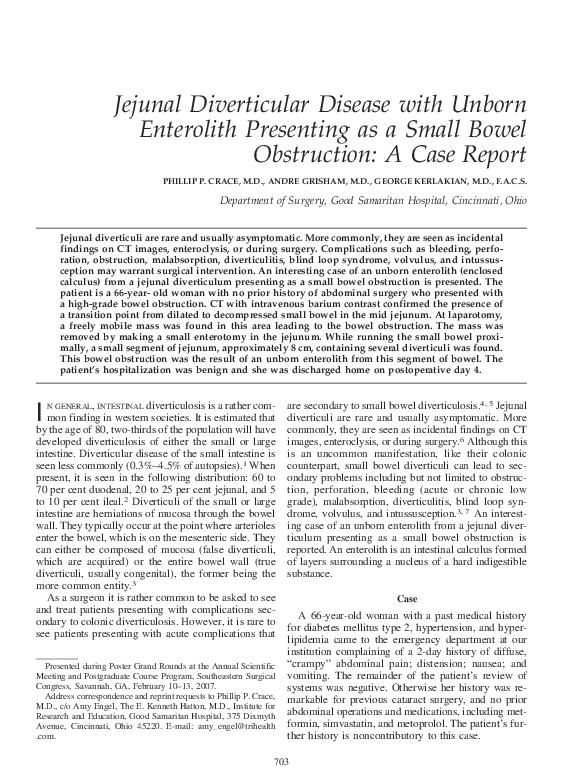 (PDF) Jejunal diverticular disease with unborn enterolith presenting as ...