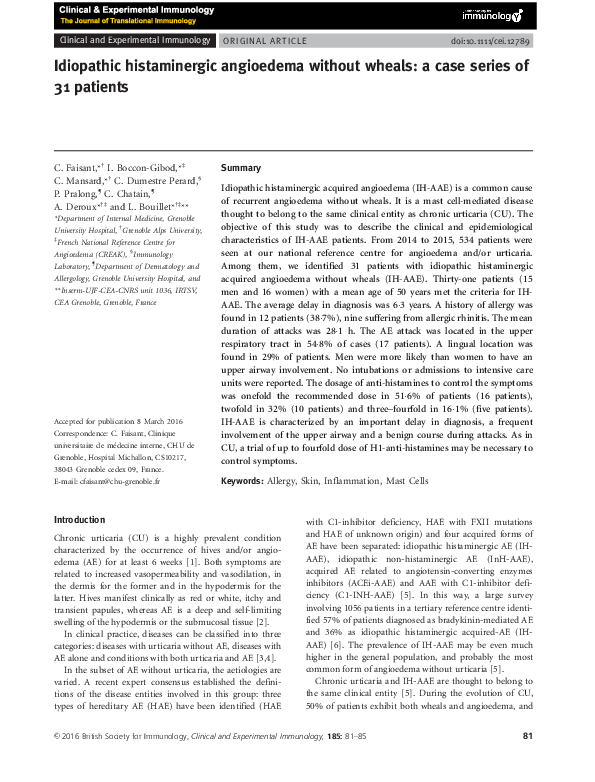 (PDF) Idiopathic histaminergic angioedema without wheals: A case series ...