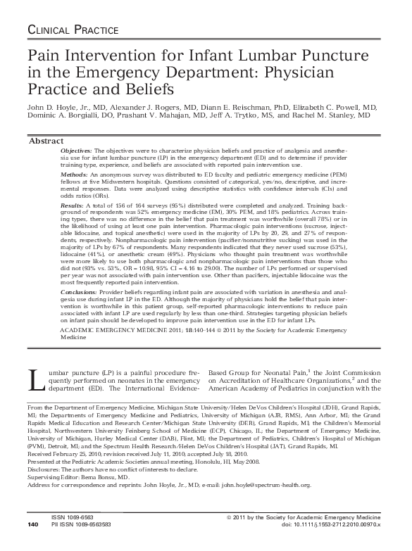 (PDF) Pain intervention for infant lumbar puncture in the emergency ...