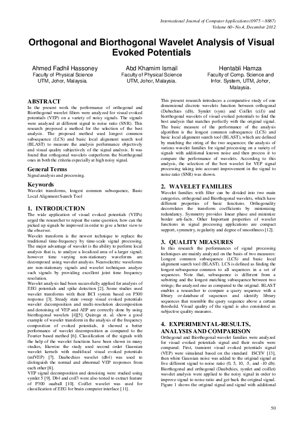 (PDF) Orthogonal and Biorthogonal Wavelet Analysis of Visual Evoked ...