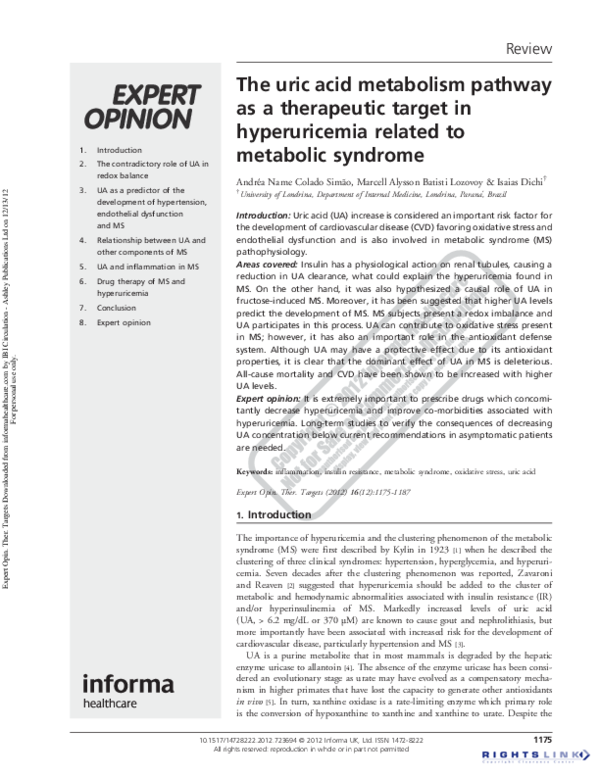 (PDF) The uric acid metabolism pathway as a therapeutic target in ...