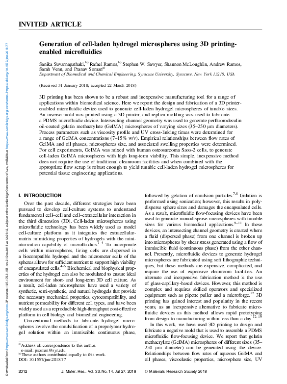 (PDF) Generation of cell-laden hydrogel microspheres using 3D printing ...