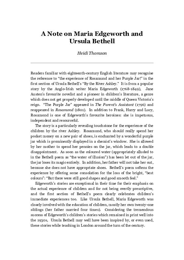 (PDF) A Note on Maria Edgeworth and Ursula Bethell | Heidi Thomson ...