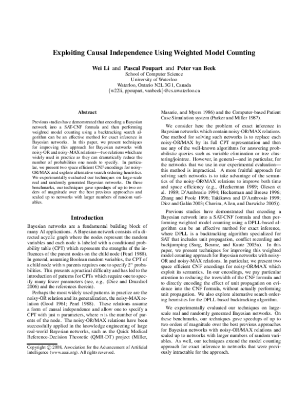(PDF) Exploiting causal independence using weighted model counting