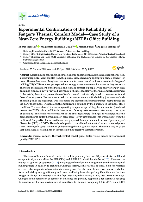 (PDF) Experimental Confirmation of the Reliability of Fanger’s Thermal ...