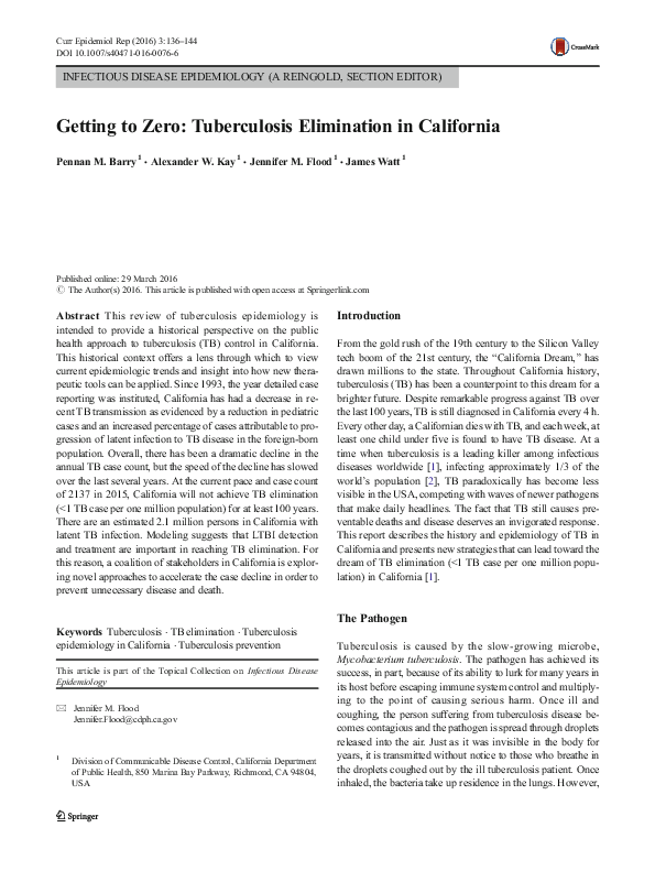 (PDF) Getting to Zero: Tuberculosis Elimination in California