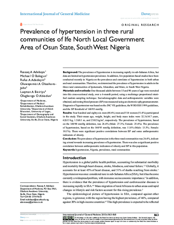 (PDF) Prevalence of hypertension in three rural communities of Ife ...