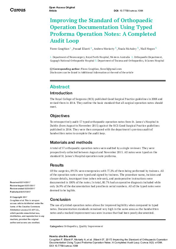 (PDF) Improving the Standard of Orthopaedic Operation Documentation ...