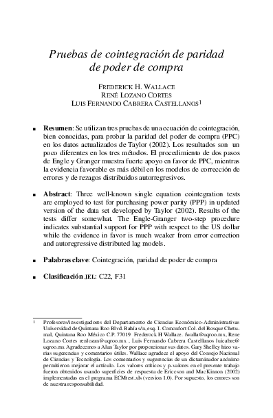 (PDF) Pruebas de cointegración de paridad de poder de compra