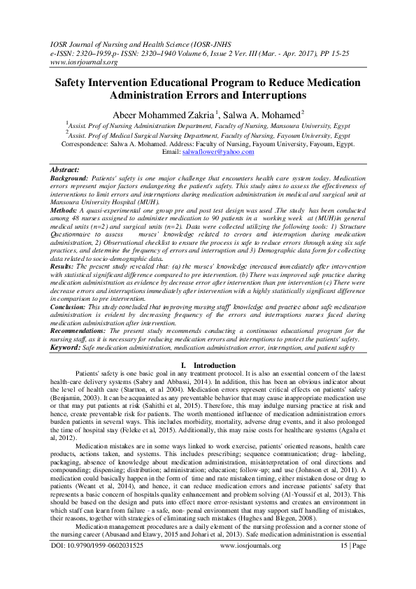 (PDF) Safety Intervention Educational Program to Reduce Medication Administration Errors and ...