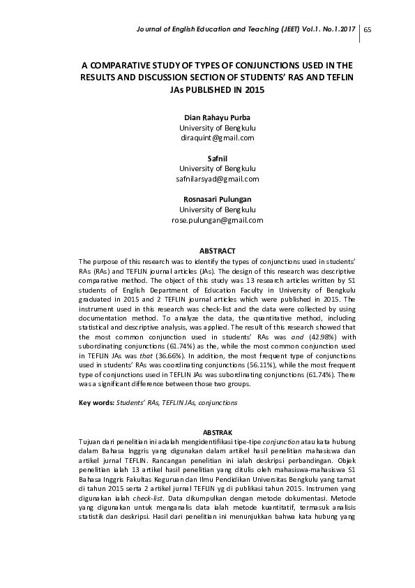 (PDF) A COMPARATIVE STUDY OF TYPES OF CONJUNCTIONS USED IN THE RESULTS ...
