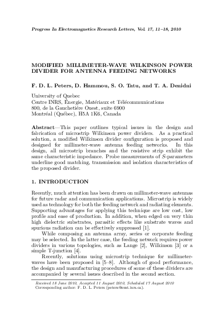 (PDF) Modified Millimeter-Wave Wilkinson Power Divider for Antenna ...