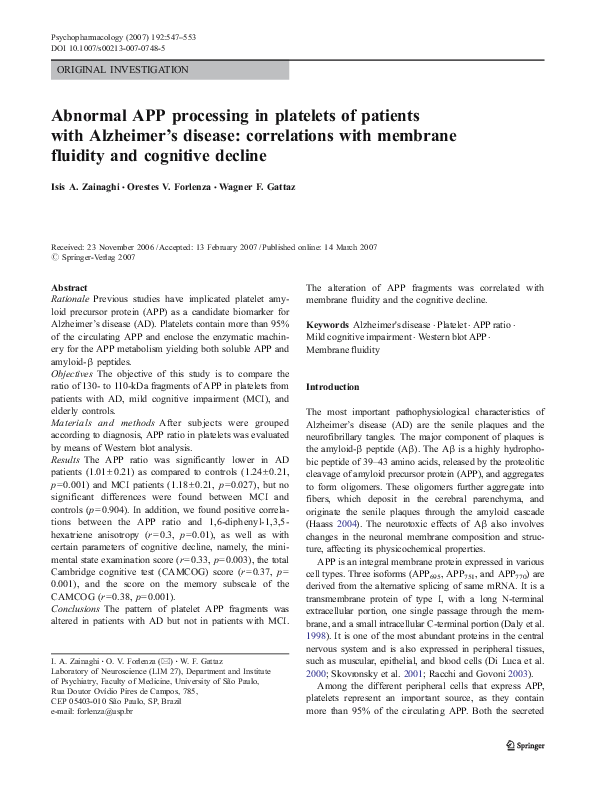 (PDF) Abnormal APP processing in platelets of patients with Alzheimer’s ...