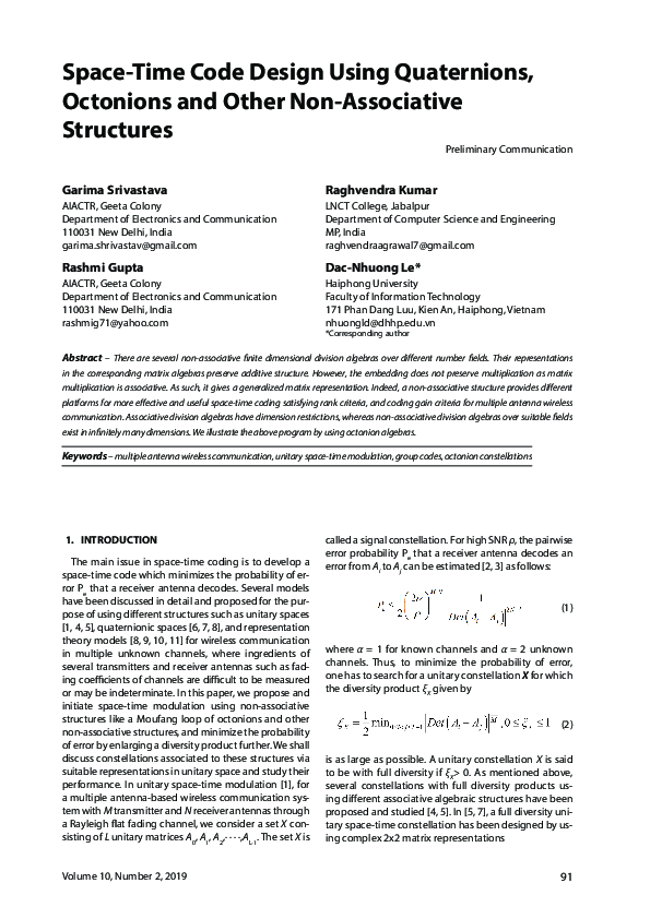 (PDF) Space-Time Code Design Using Quaternions, Octonions and Other Non ...