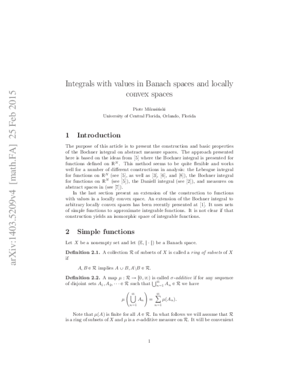 (PDF) Integrals with values in Banach spaces and locally convex spaces