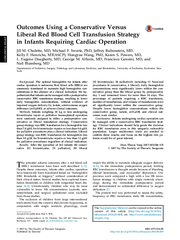 (PDF) Outcomes Using a Conservative Versus Liberal Red Blood Cell ...