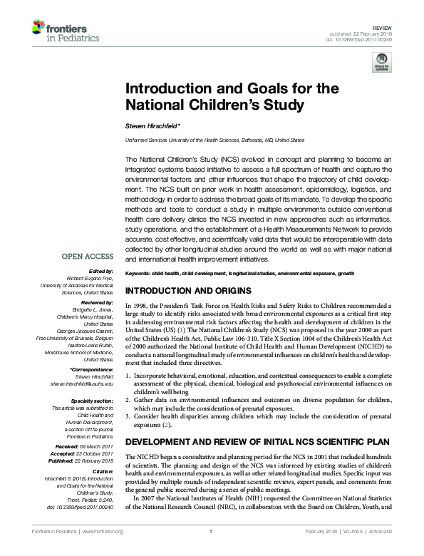 (PDF) Introduction and Goals for the National Children’s Study
