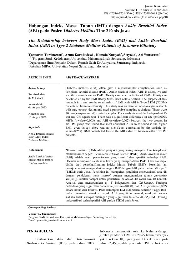 (PDF) Hubungan Indeks Massa Tubuh (IMT) dengan Ankle Brachial Index ...