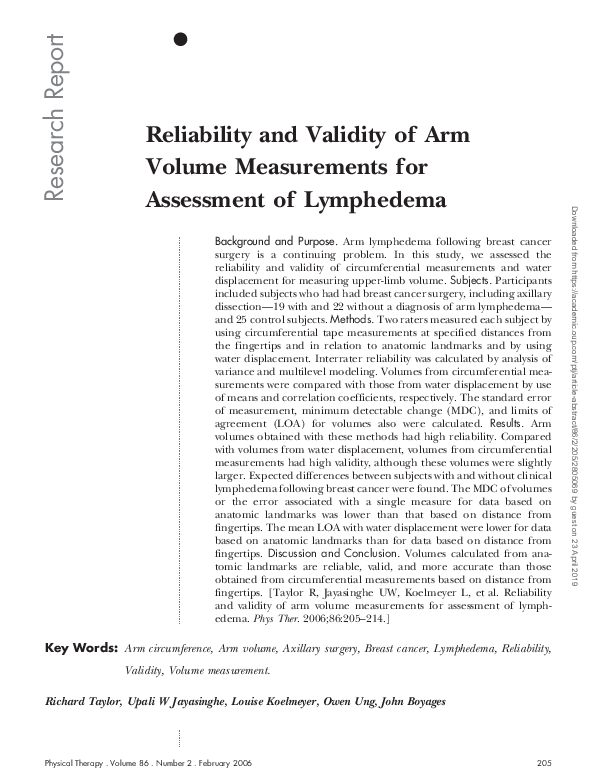(PDF) Reliability and validity of arm volume measurements for ...