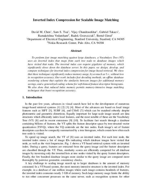 Pdf Inverted Index Compression For Scalable Image Matching Ramakrishna Vedantham