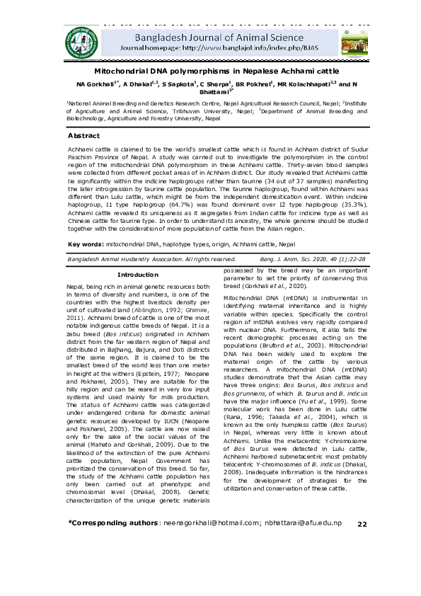(PDF) Mitochondrial DNA polymorphisms in Nepalese Achhami cattle